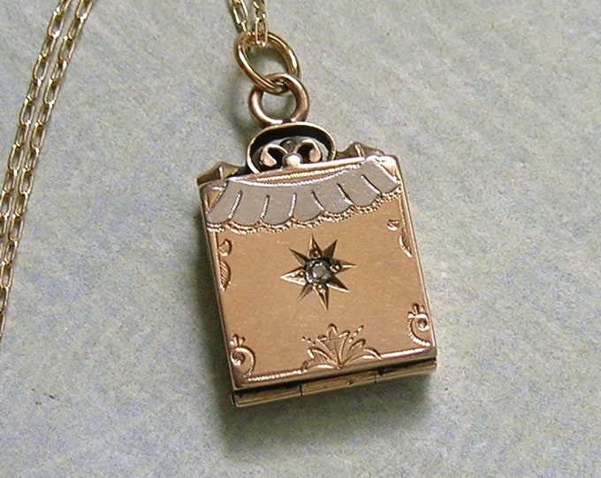Antique Edwardian 10K Gold and Platinum Locket Necklace With Diamond ...