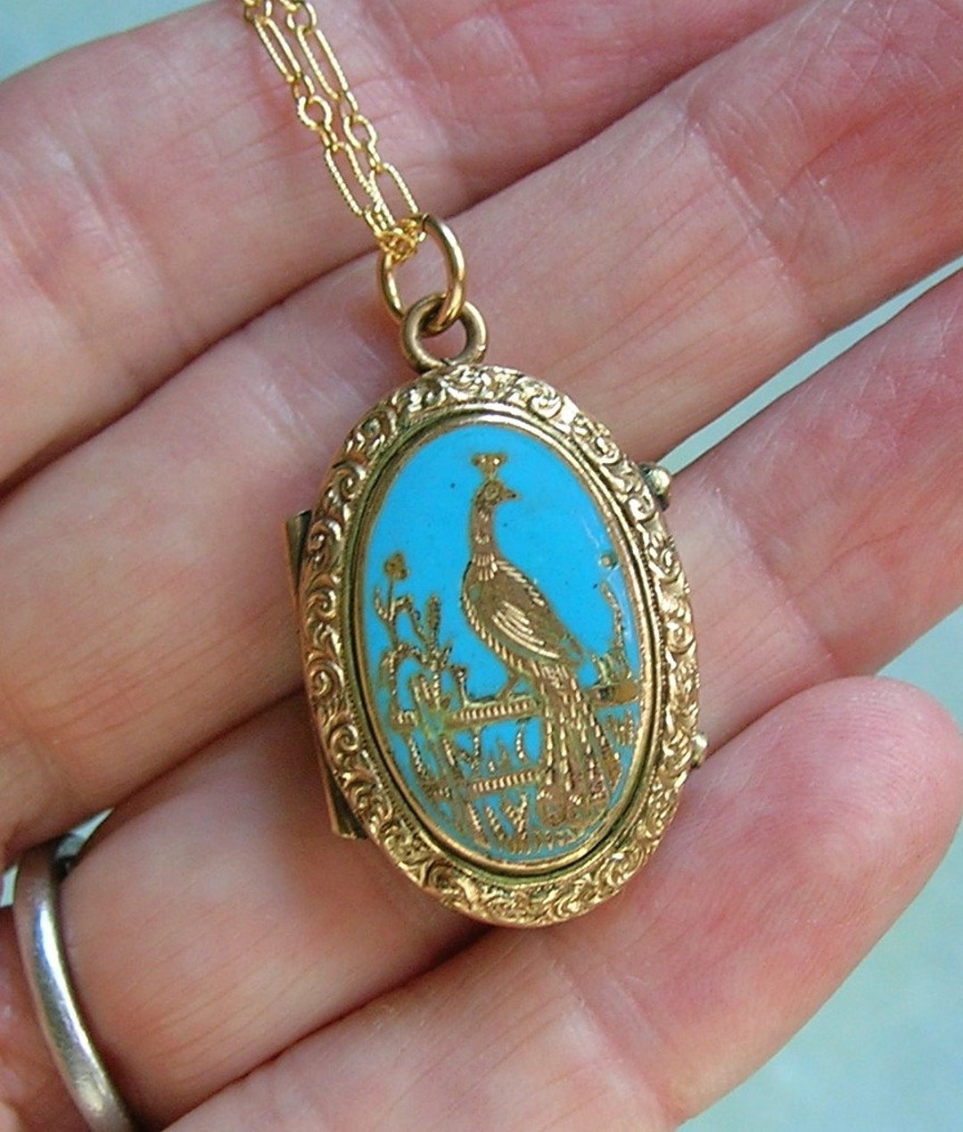 Antique Victorian Enamel Peacock Locket, Old Bird Locket, Antique Gold ...