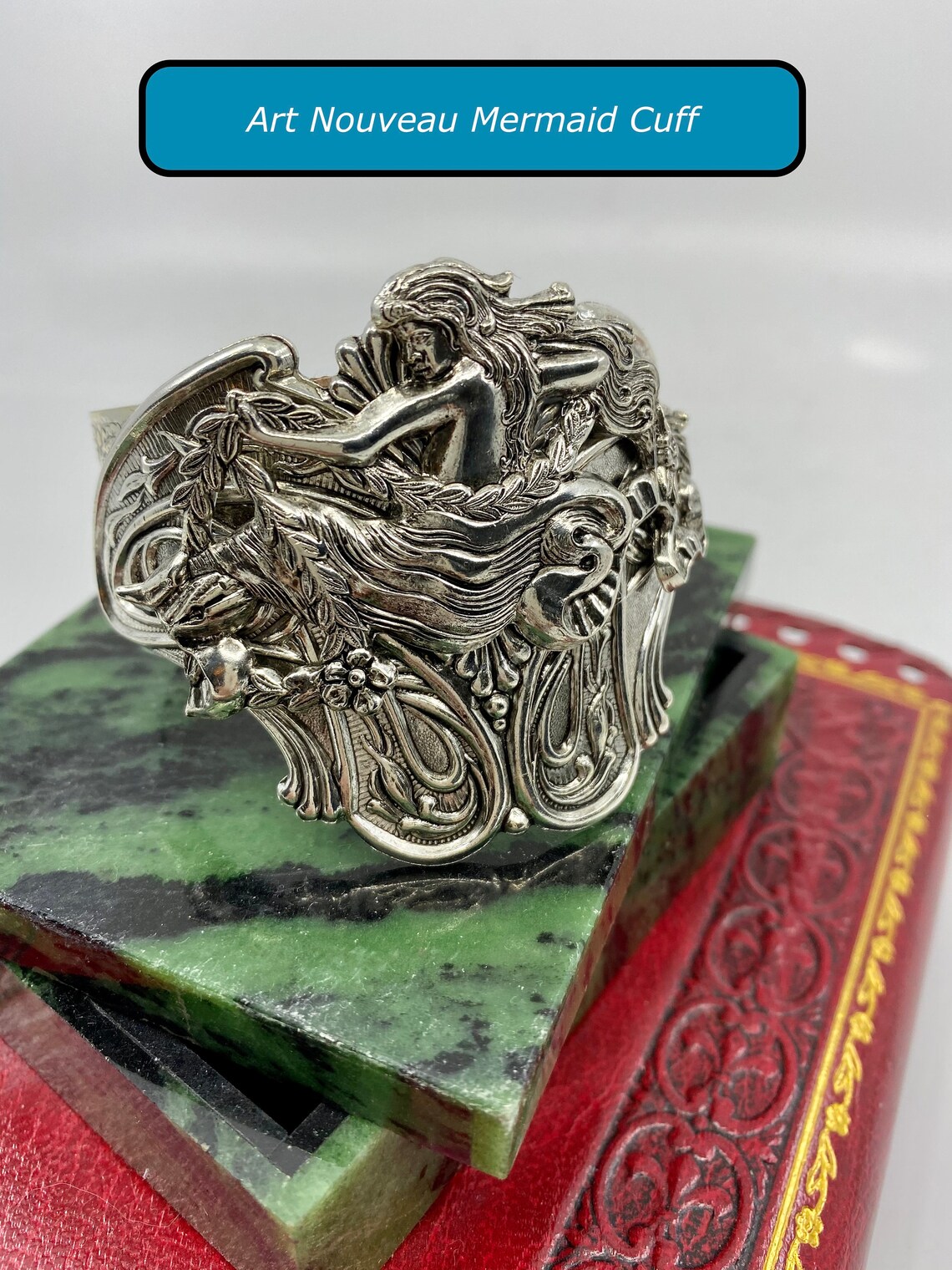 Art Nouveau Mermaid Cuff Bracelet, Silver Ox Finish, Nautical Jewelry ...
