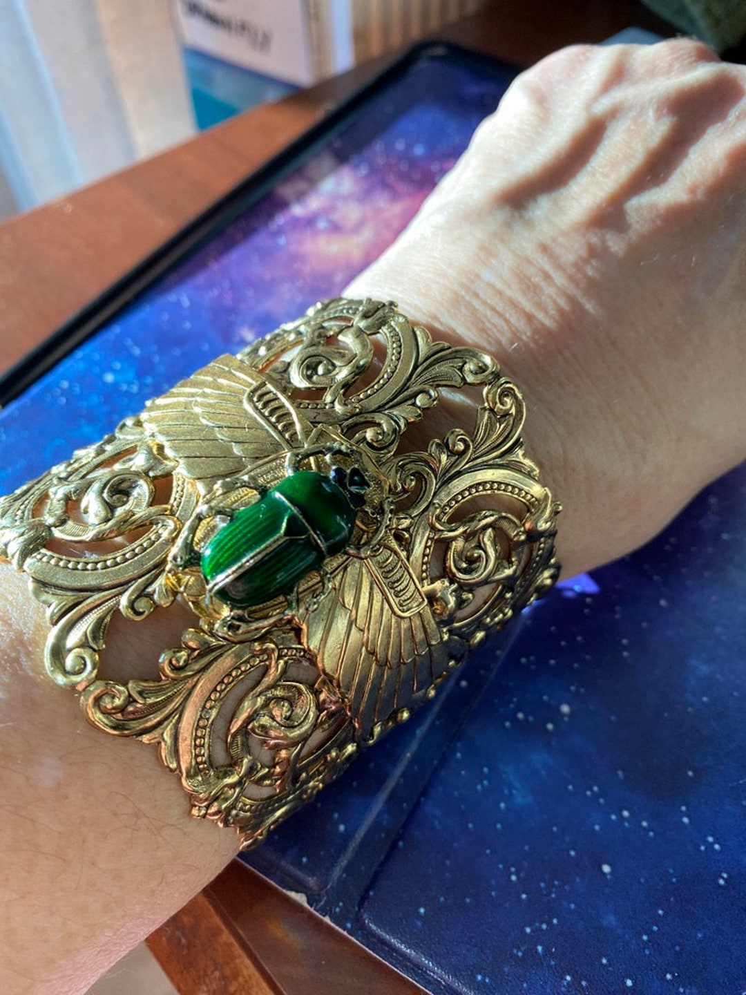 Art Deco Scarab Bracelet Bronze and Gold Plated Emerald Color Scarab ...