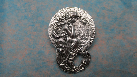 Mucha Pin Art Nouveau Style Lady in the Garden brooch… - Gem