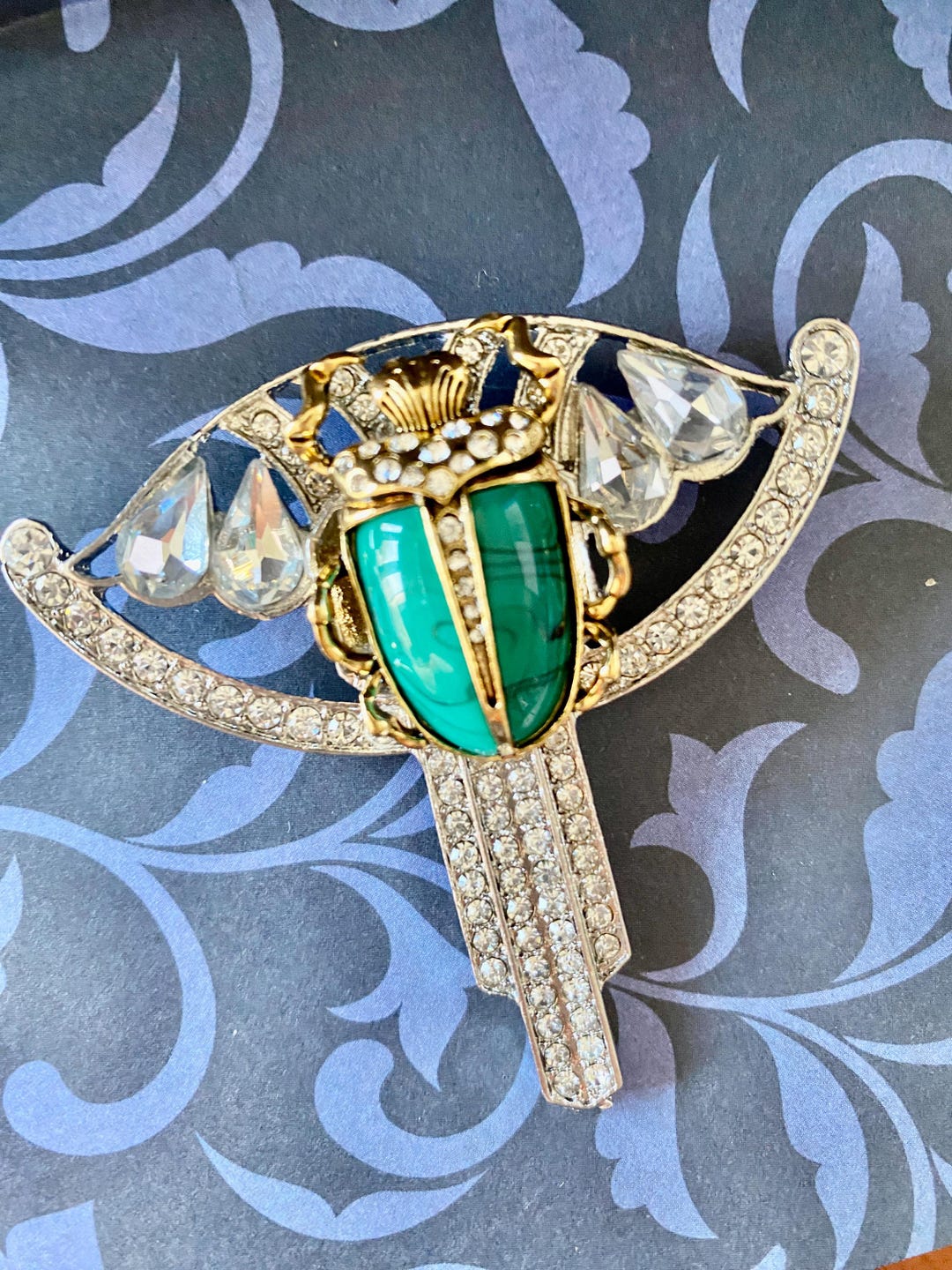 Art Deco Style Pin Green Scarab Brooch Silver Crystal Fancy Pin Party ...