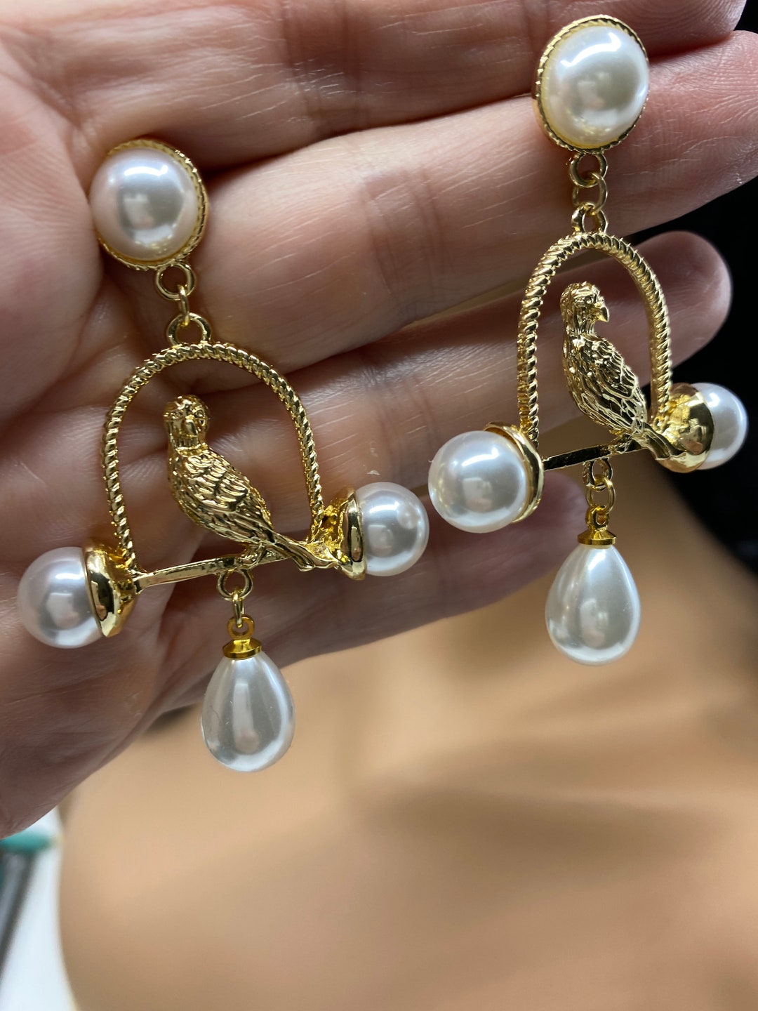 Birds Earrings Birds in a Cage Earrings Long Earrings Bird Pearl Dangle ...