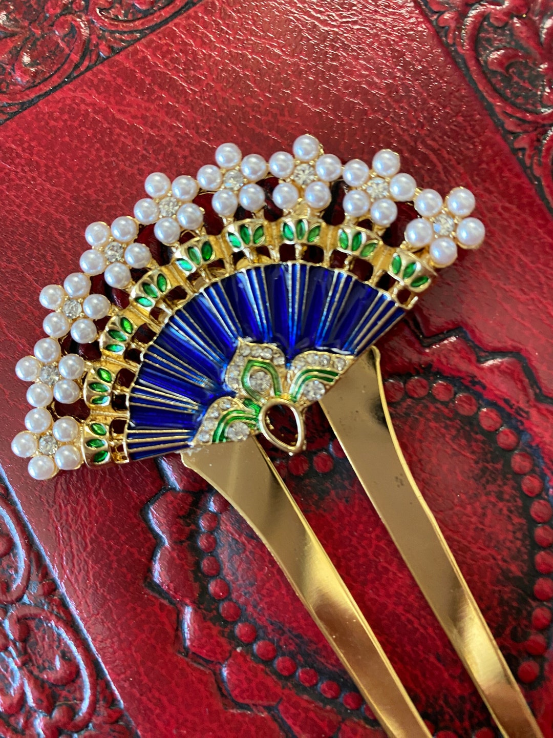 Folding Fan Art Deco Hair Comb Pearl and Peridot Color Crystals Hair ...