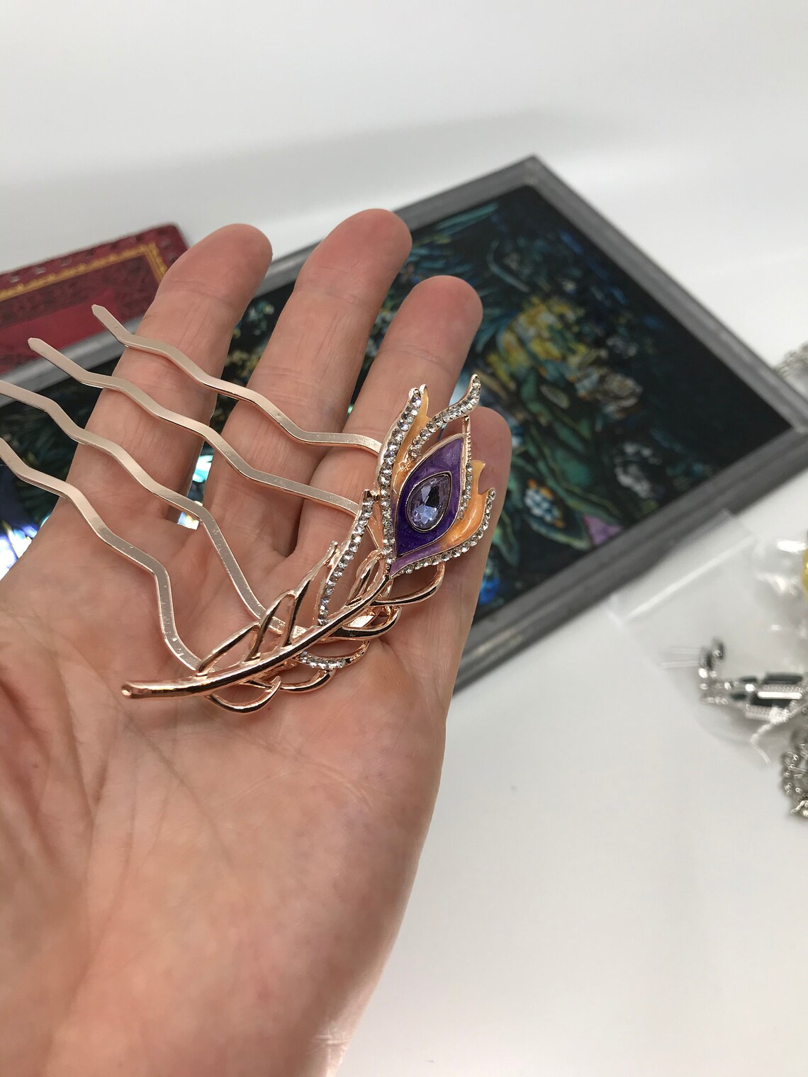 Floral Hair Comb Decorative Combs Amethyst or Blue Topaz Crystals Rose ...