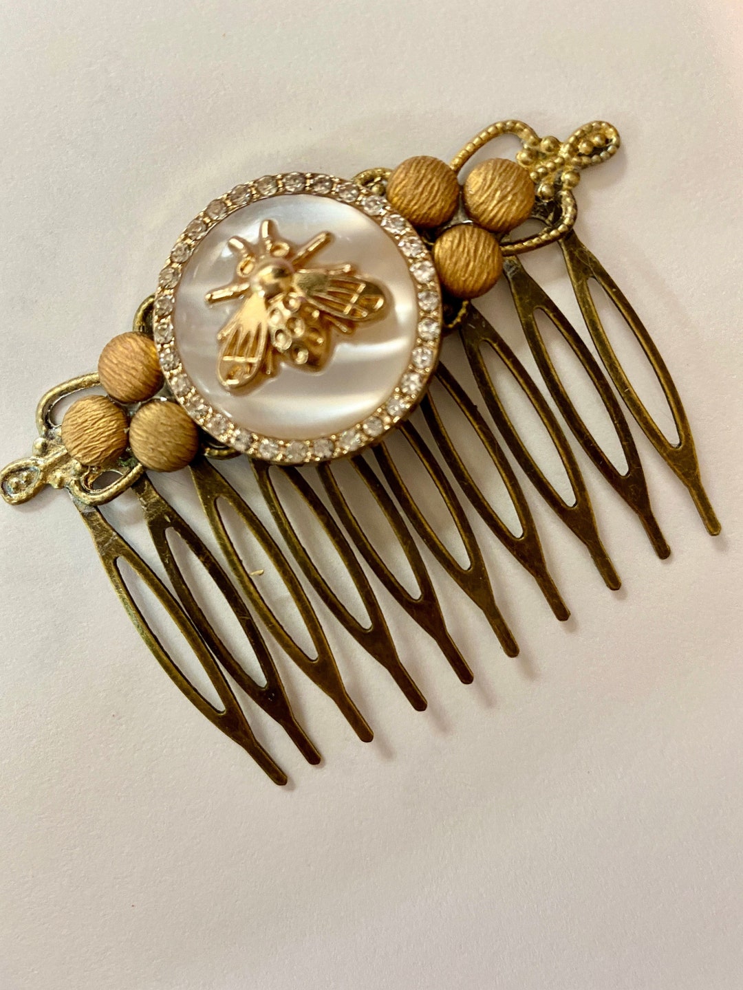 Honey Bee Hair Comb Misty Morning Woodland Bronze Bee Pearl Button Hair ...