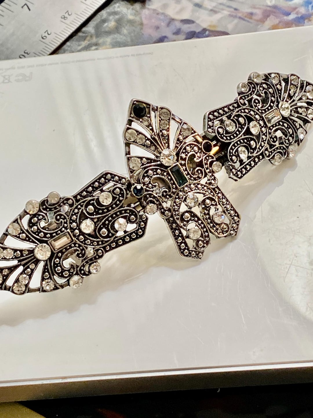 Art Deco Hair Clip Sapphire and Clear Crystals Baroque Silver Barrette ...