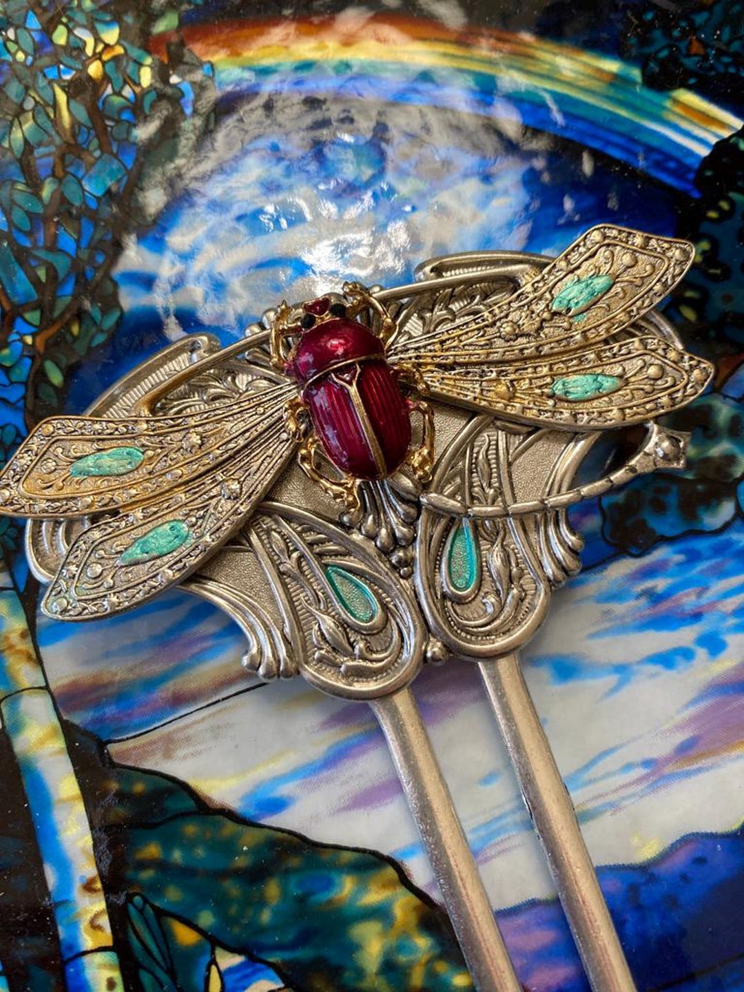 Art Nouveau Dragonfly Hair Comb: Silver Plated Scarab Hair Fork - Etsy