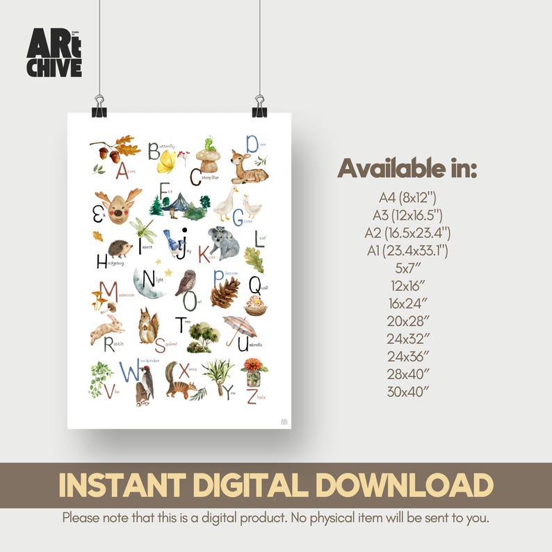 Woodland Alphabet Poster Nursery Wall Art Classroom Decor Educational ...