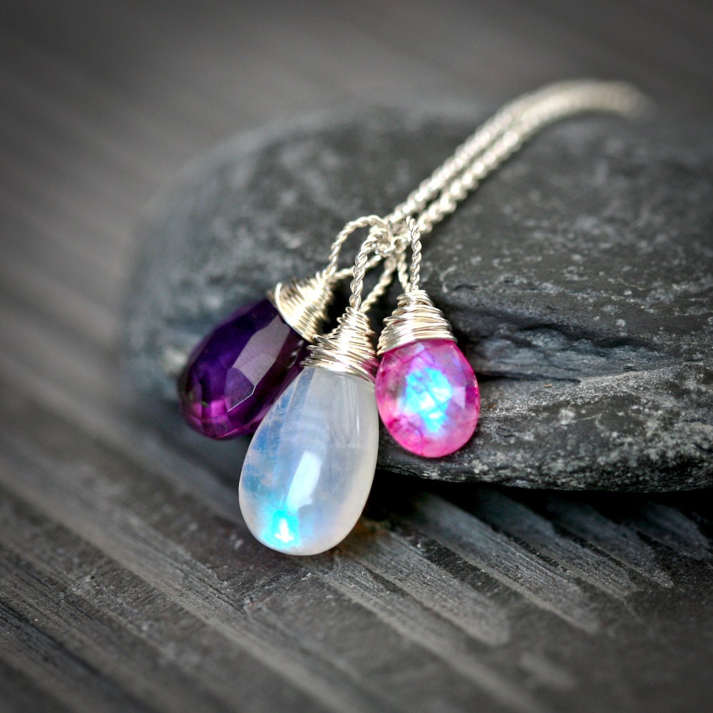 Wire Wrapped Trio Rainbow Moonstone Purple Amethyst and Pink | Etsy