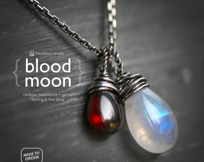 Blood Moon Rainbow Moonstone Red Garnet Sterling Silver Charm Necklace ...
