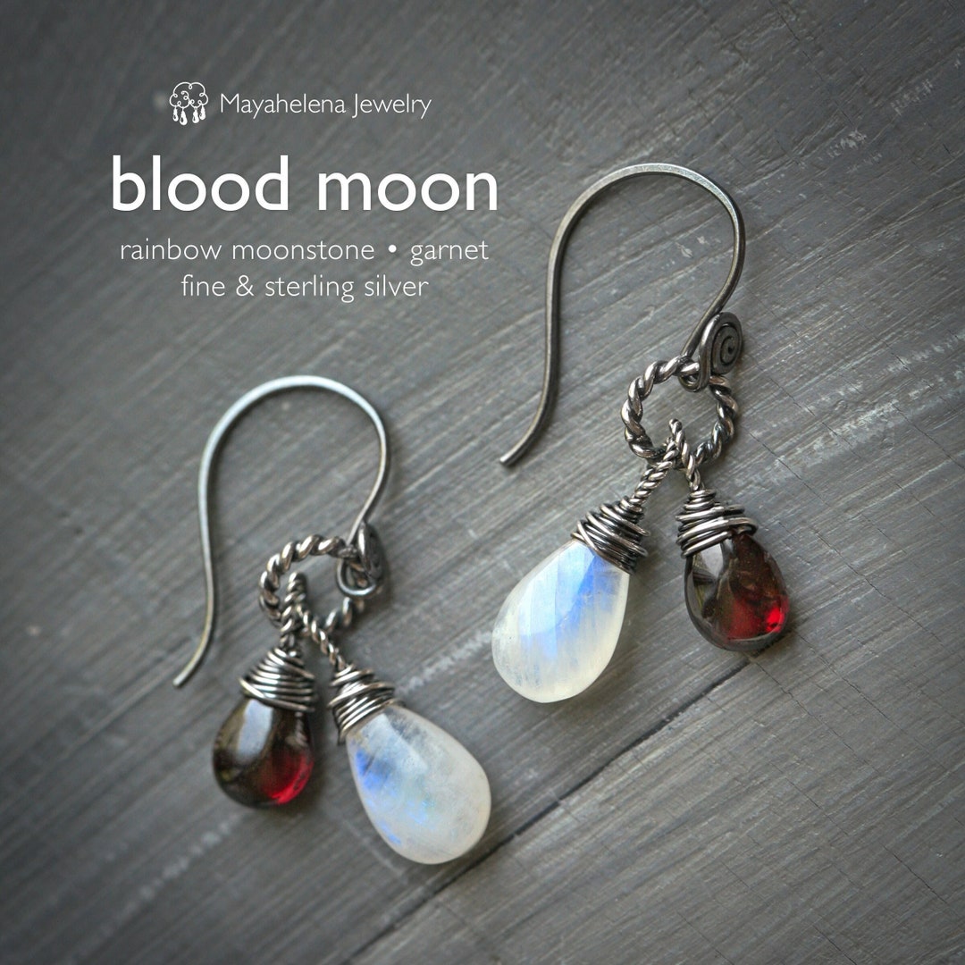 Blood Moon Moonstone and Garnet Wire Wrapped Sterling Silver Earrings ...