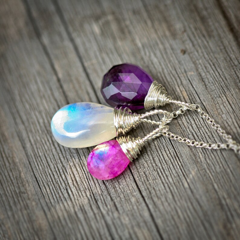 Wire Wrapped Trio Rainbow Moonstone Purple Amethyst and Pink | Etsy