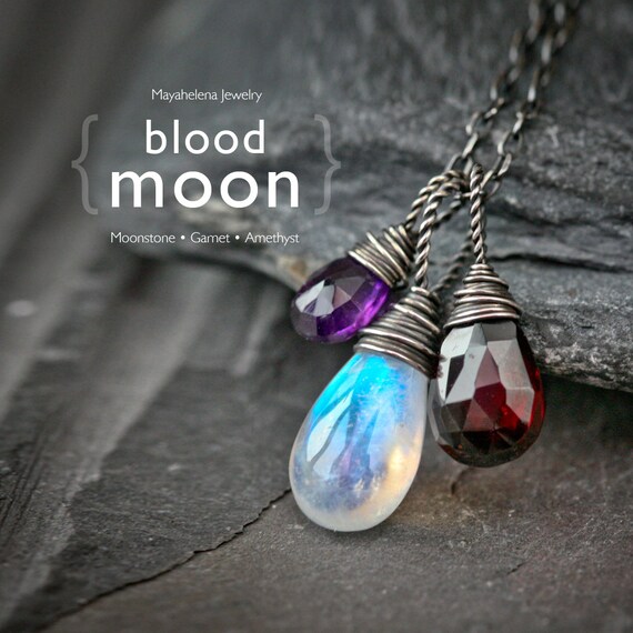 Blood Moon Rainbow Moonstone Red Garnet and Purple Amethyst | Etsy