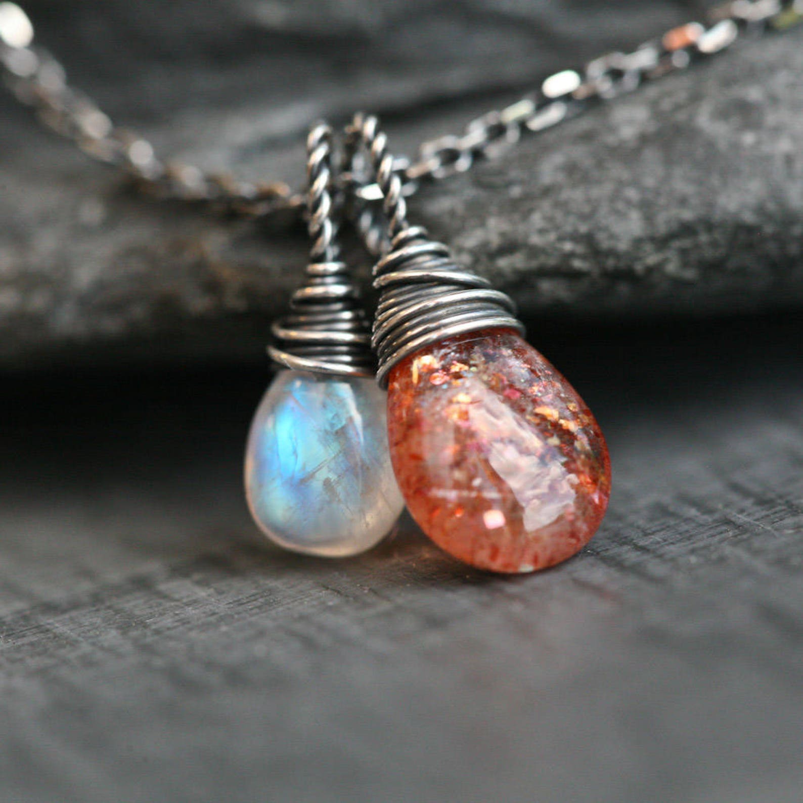 Solar Eclipse Moonstone and Sunstone Wire Wrapped Sterling - Etsy