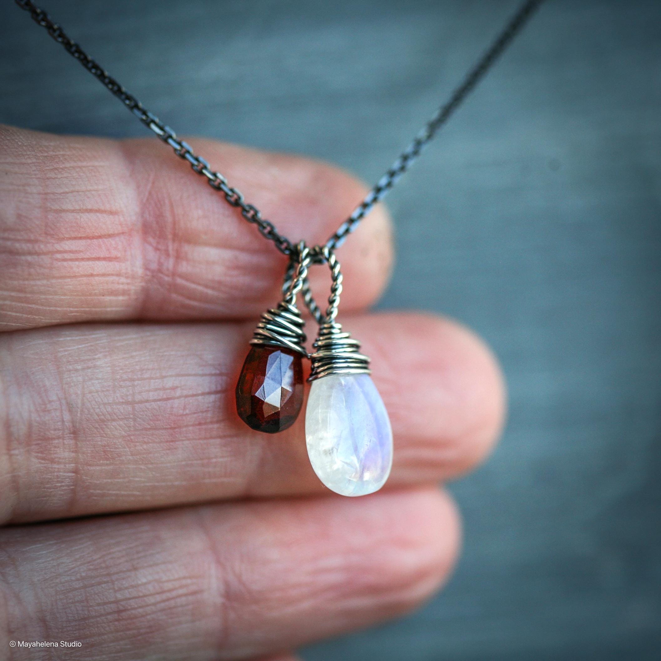 Blood Moon Rainbow Moonstone Red Garnet Sterling Silver Charm Necklace ...