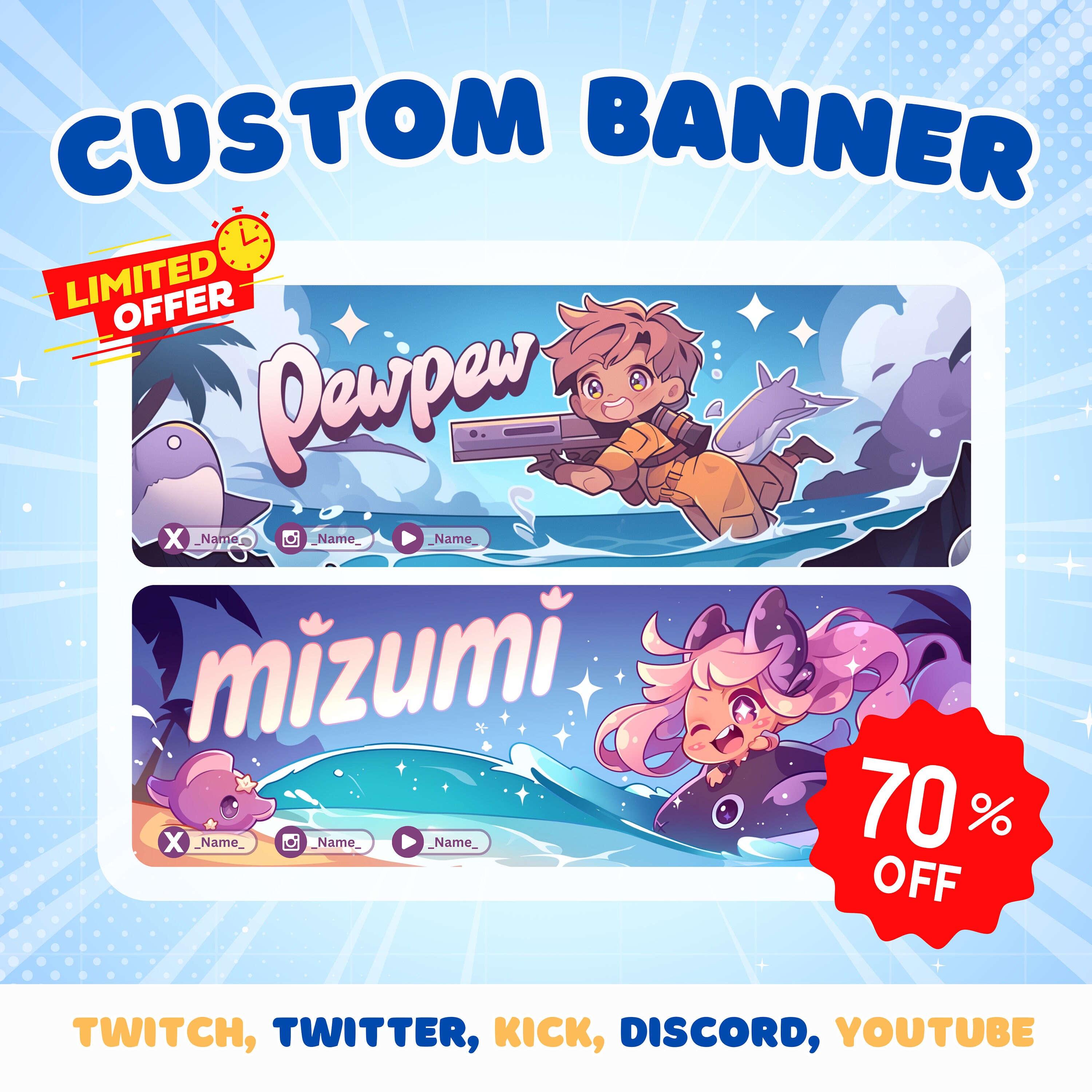 Custom Twitch Banner, Custom Chibi Cute Banner, Header, Social Media ...
