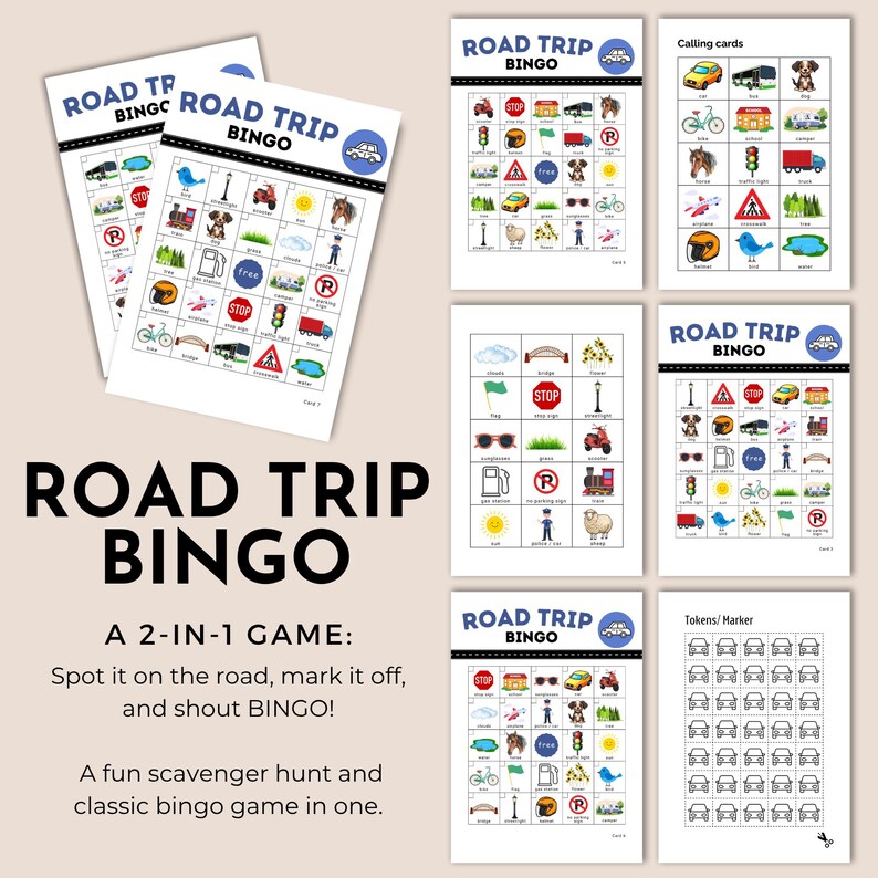 Road Trip Bingo Cards, 15 Unique Cards, Kids Scavenger Hunt, Travel ...