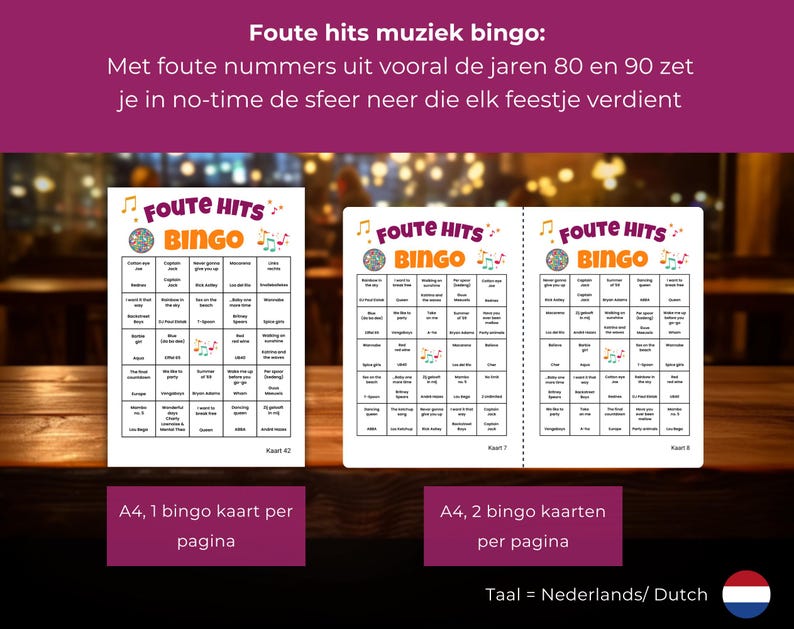 Foute muziekbingo, 50 bingo kaarten, Nederlandstalig, Nederlands ...