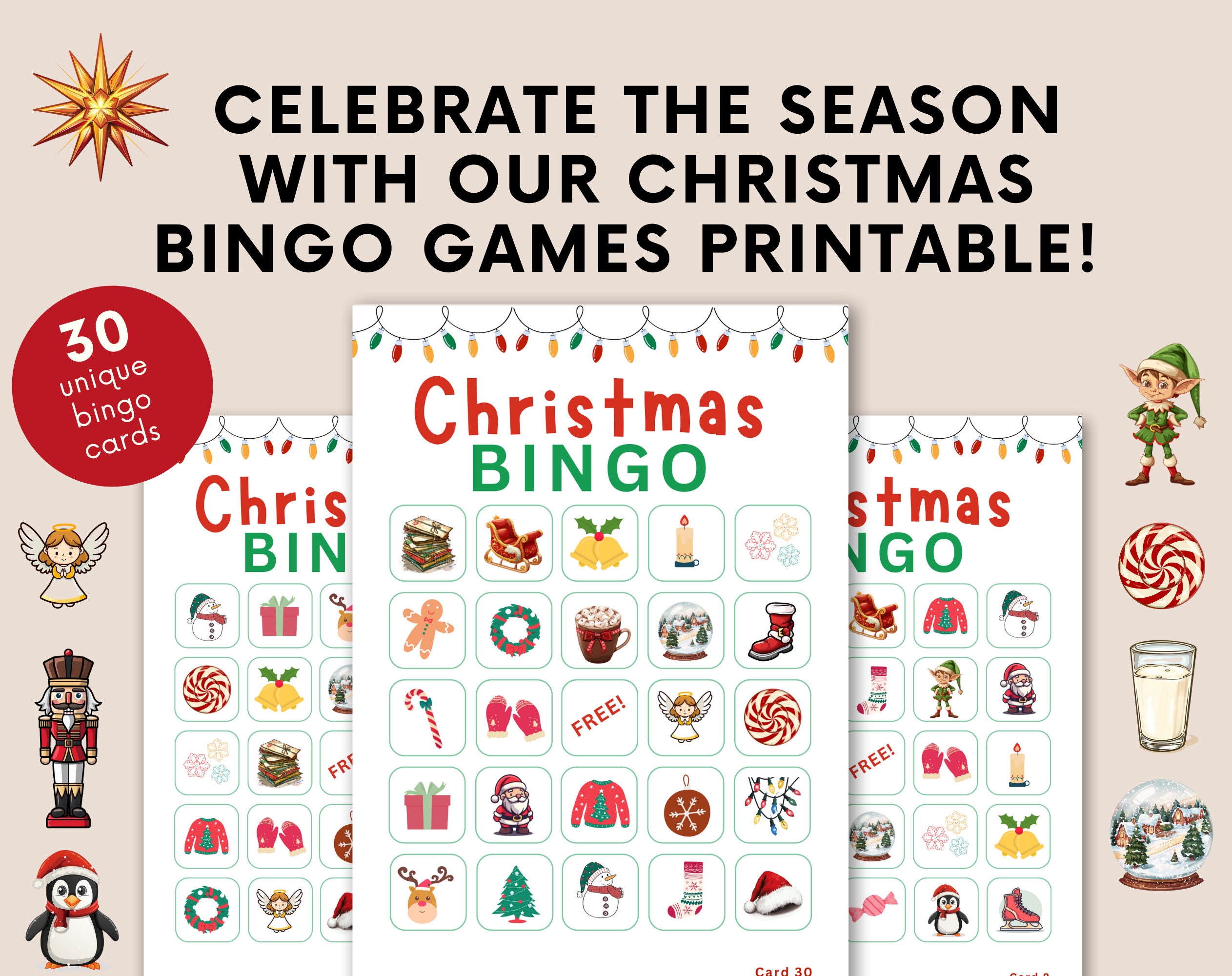 Christmas Bingo, 30 Unique Bingo Cards, Christmas Party Games, Xmas ...