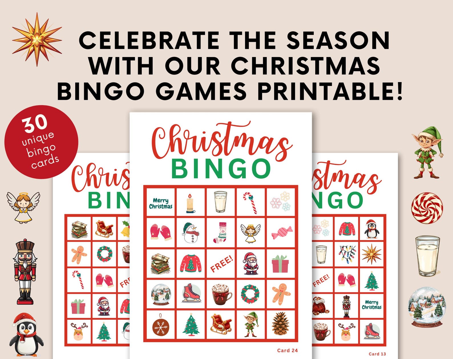 Printable Christmas Bingo, 30 Unique Bingo Cards, Family Christmas ...