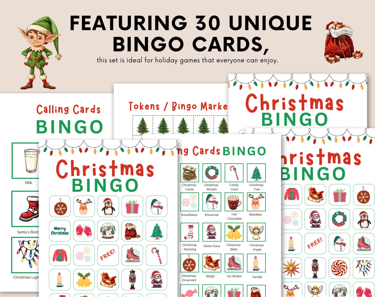 Christmas Bingo, 30 Unique Bingo Cards, Christmas Party Games, Xmas ...