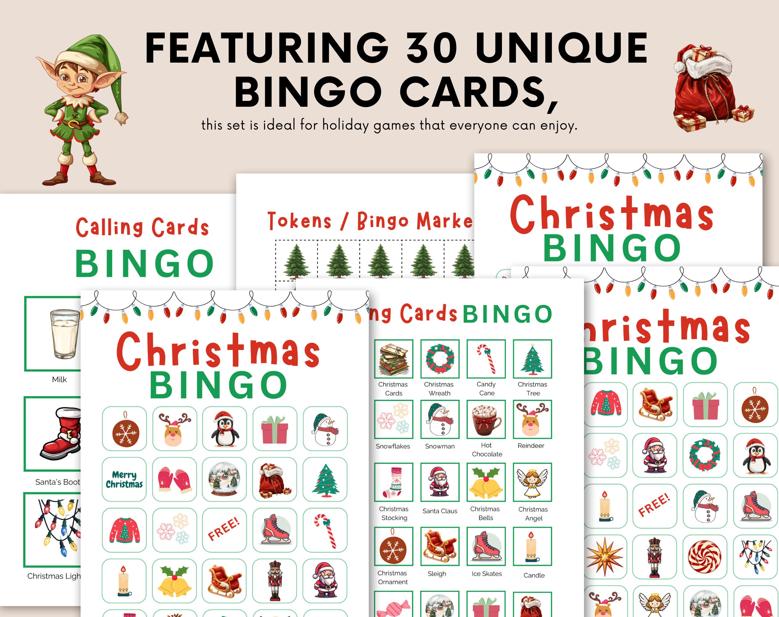Christmas Bingo, 30 Unique Bingo Cards, Christmas Party Games, Xmas ...