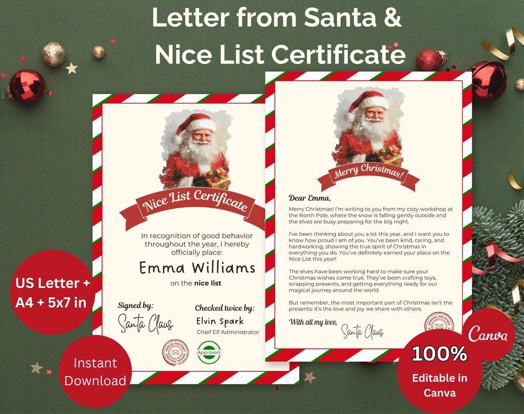 Letter From Santa, Nice List Certificate, Editable Canva Template ...
