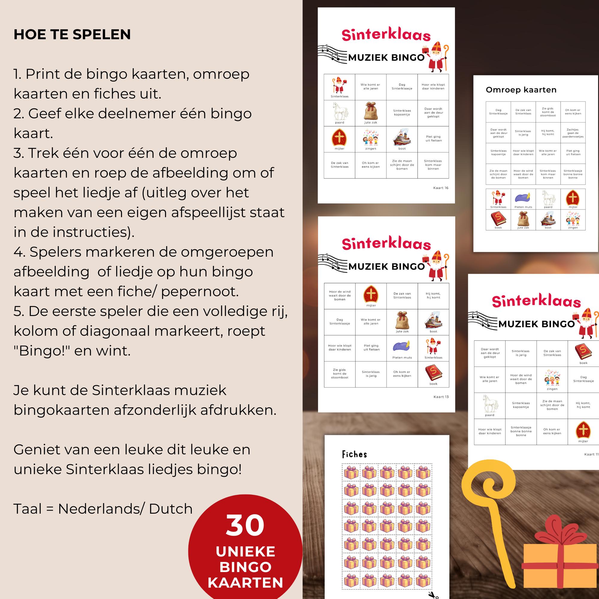 Sinterklaasliedjes bingo, 30 kaarten Sinterklaas bingo kaarten, muziek ...