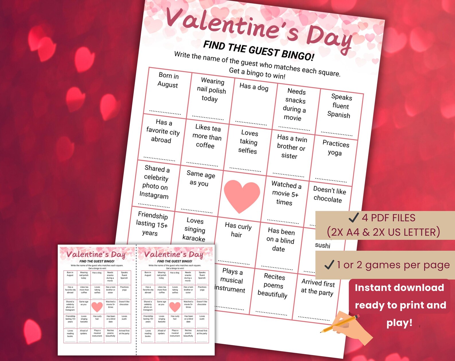 Valentines Day Mix and Mingle Bingo, Find the Guest Bingo, Valentine ...