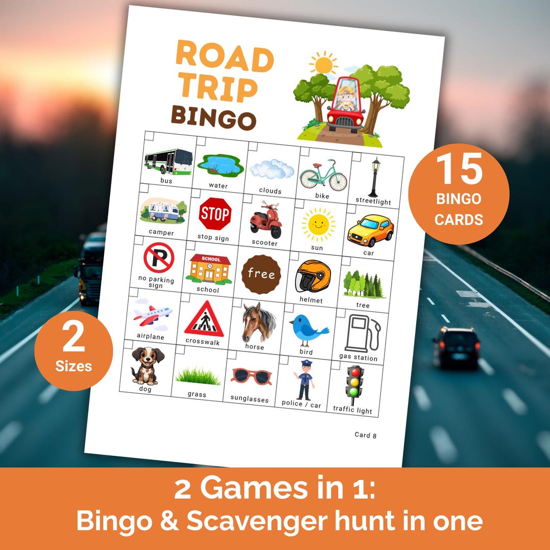 Road Trip Bingo for Kids, 15 Bingo Cards, Scavenger Hunt, Travel Game ...