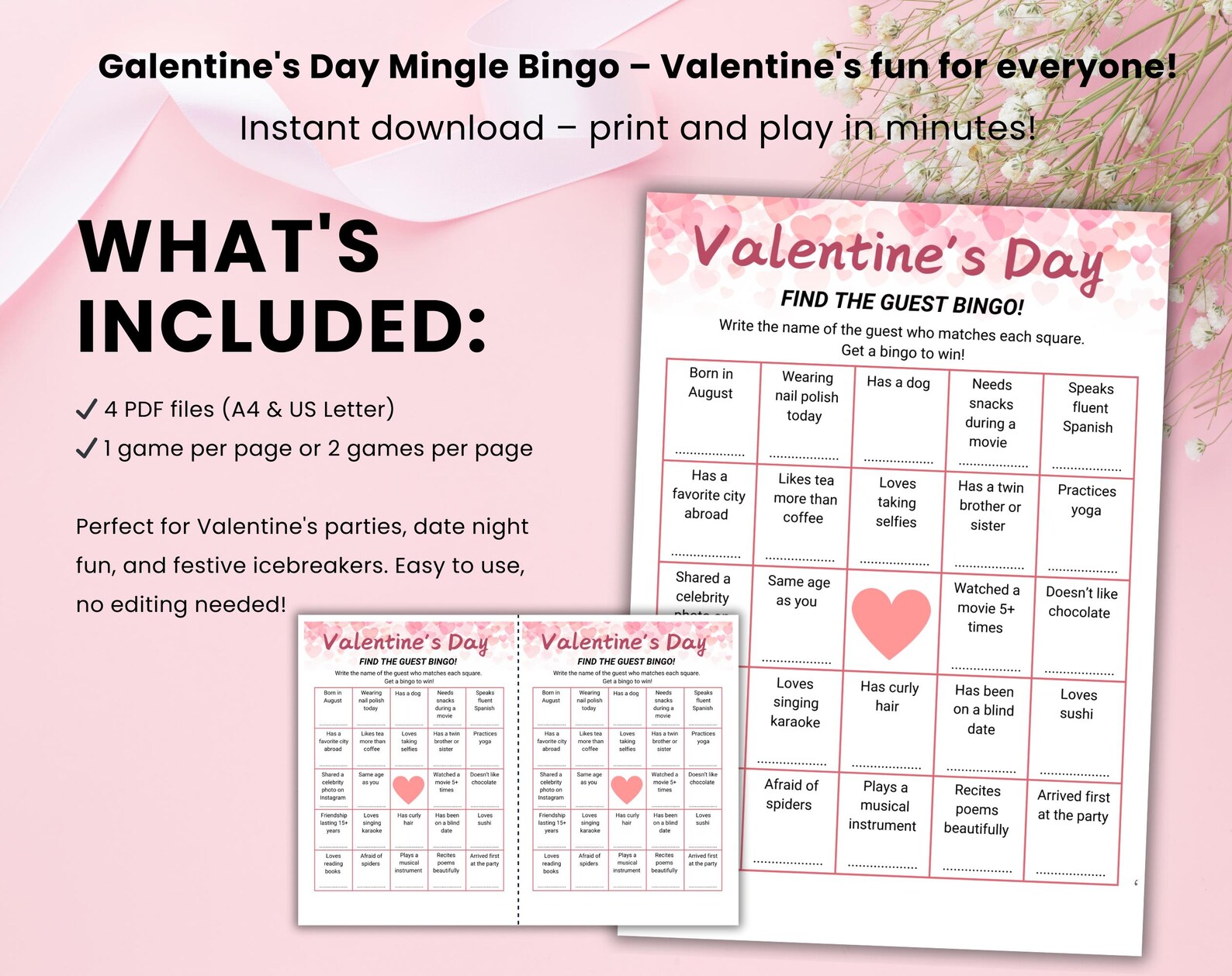 Valentines Day Mix and Mingle Bingo, Find the Guest Bingo, Valentine ...