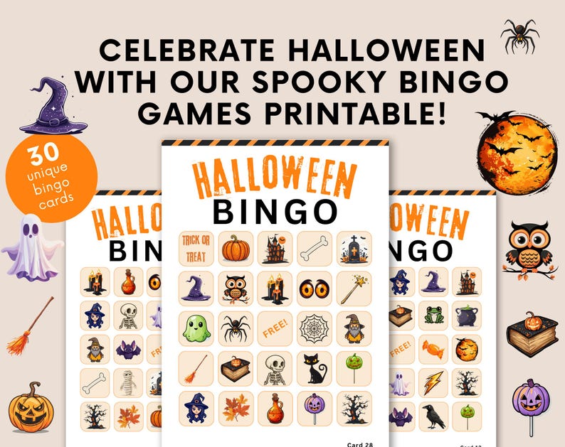 Halloween Bingo, 30 Unique Halloween Bingo Cards, Halloween Activity ...