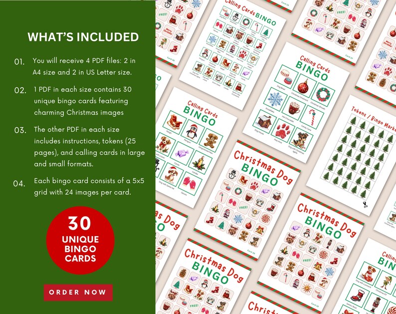 Christmas Dog Bingo, 30 Unique Bingo Cards PDF, Dog Bingo Printable ...