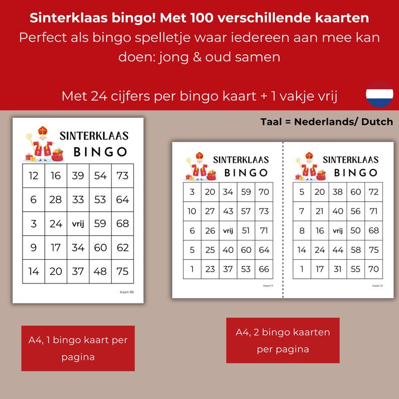 Classic Sinterklaas Bingo Numbers, 100 Sinterklaas Bingo Cards ...