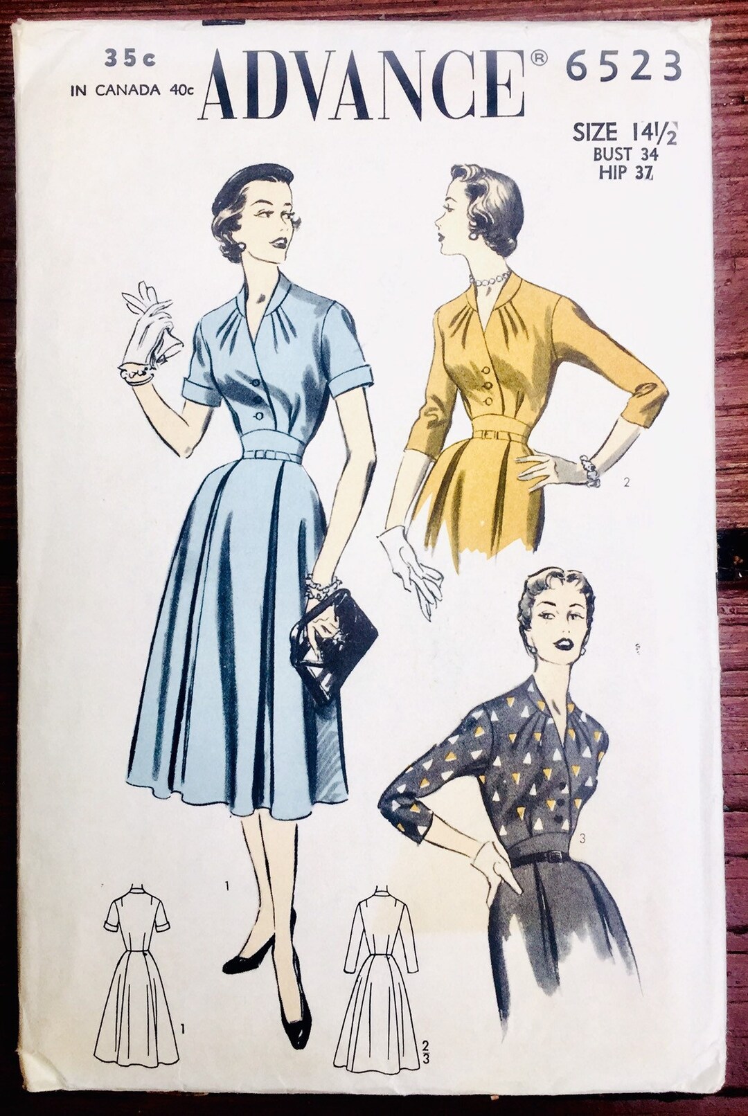 1950s Vintage Advance Half-size Dress Pattern No. 6523 Size 14 1/2 Bust ...