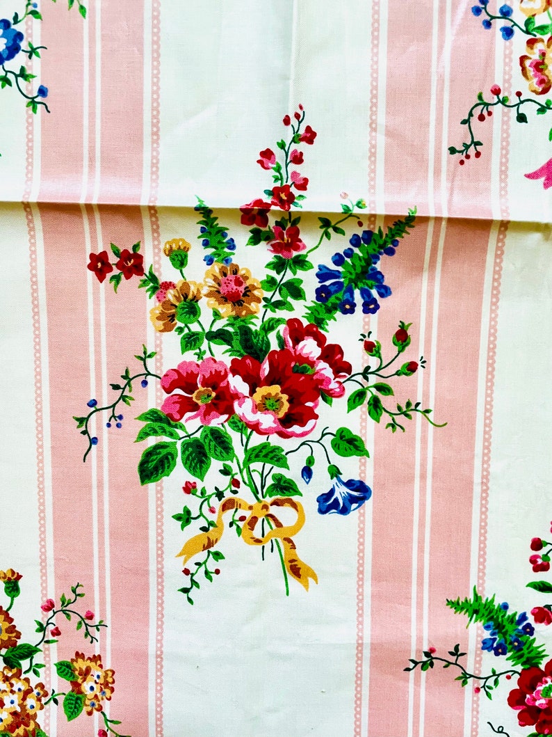 Vintage Jay Yang for Fabriyaz Printed Floral Stripe Chintz "kathleen's Bouquet" in Sage or Cream ...
