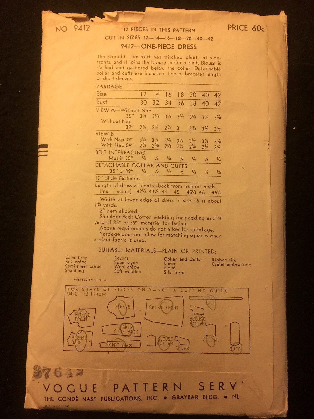 1940s Vogue One Piece Dress Pattern No. 9412 Bust 40 - Etsy