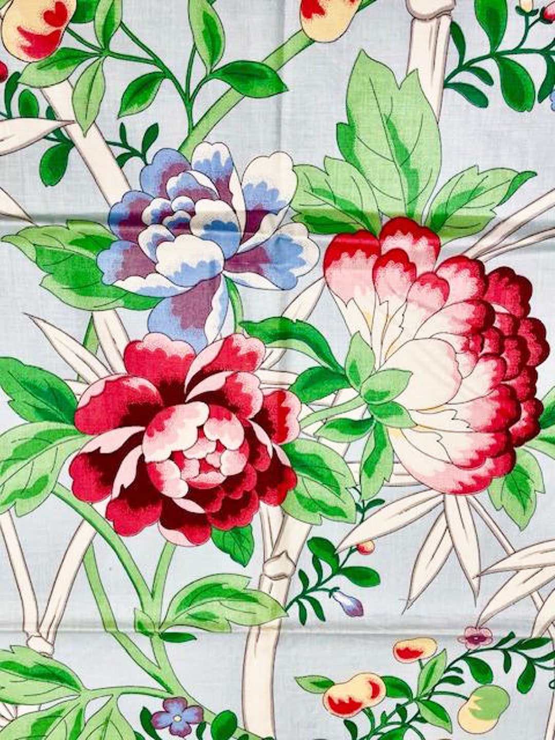 Vintage Jay Yang Nan Hai Floral Chintz Fabric - Sky Blue, Plus Pink ...