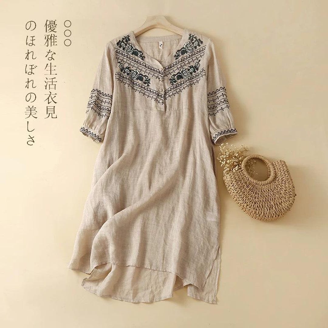 Women Cotton Linen Embroidered Dress Suit Summer V-neck Loose Fit Long ...