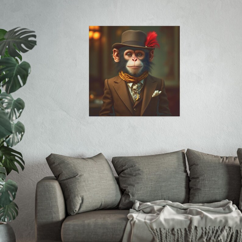 Whimsical Monkey Portrait Poster, Vintage Animal Art Print, Unique Wall ...