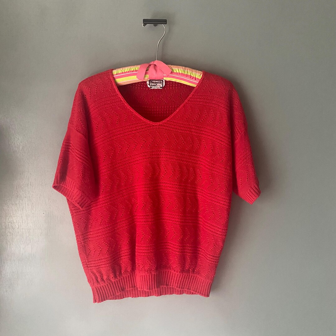 Vintage KENNETH TOO Red Eyelet Knit Short Sleeve Womens Slub XL Blouse ...