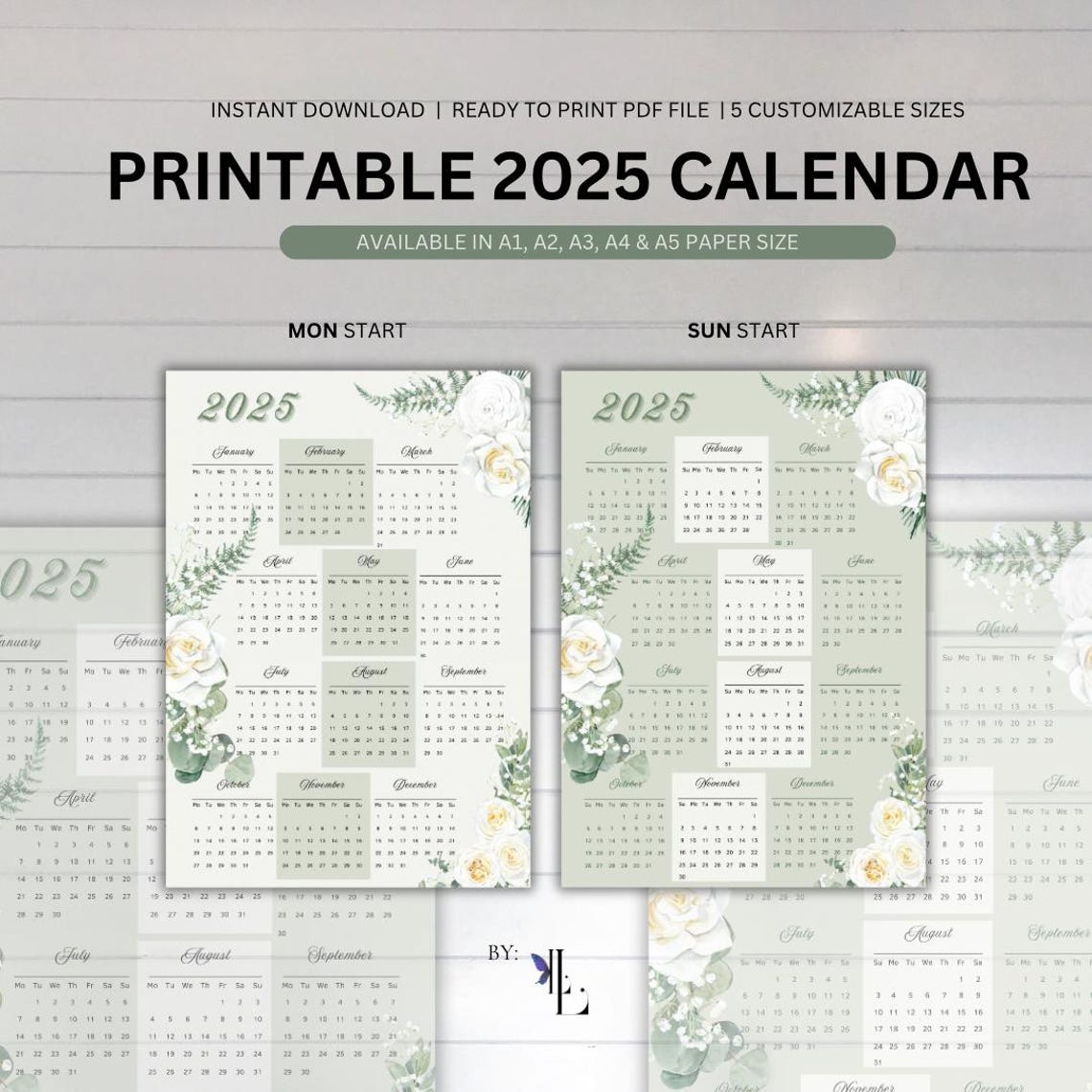 PRINTABLE 2025 CALENDAR : White Beige Flower Sage Green Soft Green ...