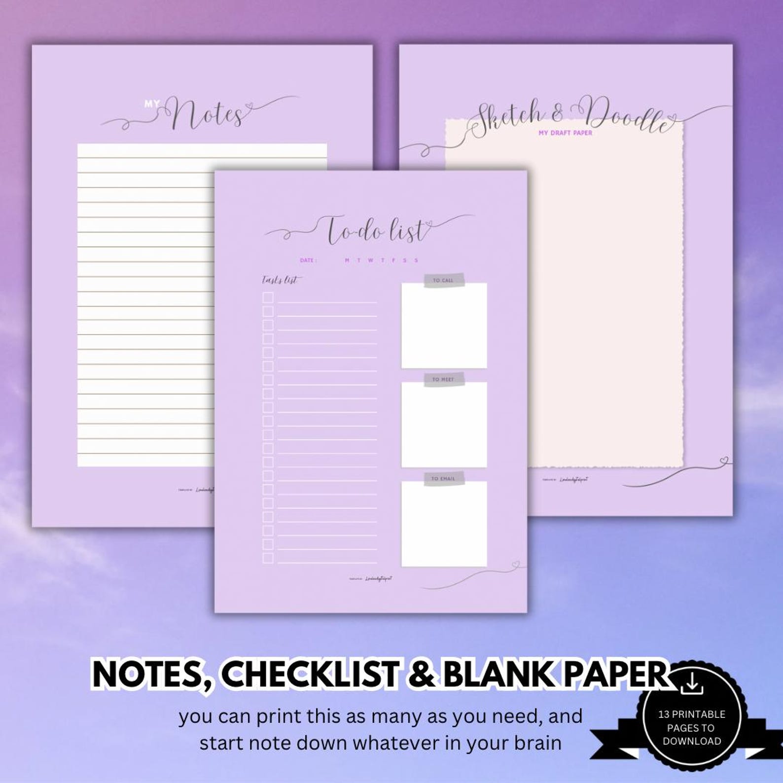 My Purplelish Planner PURPLE Digital Printable Note Checklist Personal ...