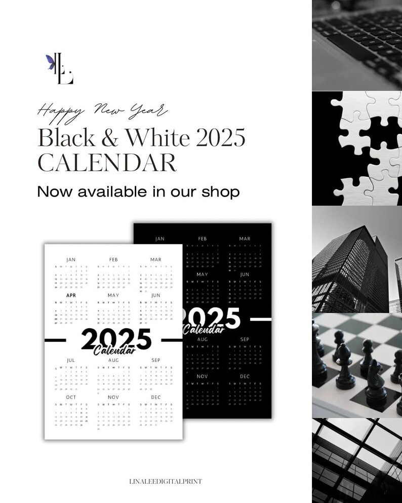 PRINTABLE 2025 CALENDAR : Premium Black and Classy White Potrait Layout ...