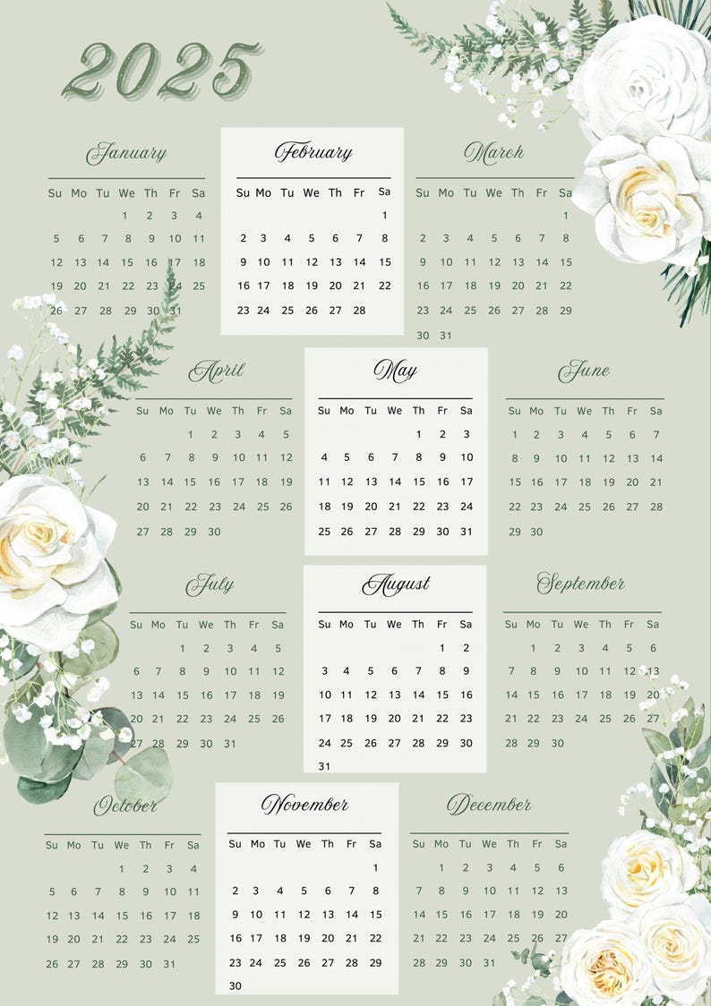 PRINTABLE 2025 CALENDAR : White Beige Flower Sage Green Soft Green ...