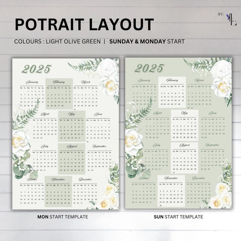PRINTABLE 2025 CALENDAR : White Beige Flower Sage Green Soft Green ...