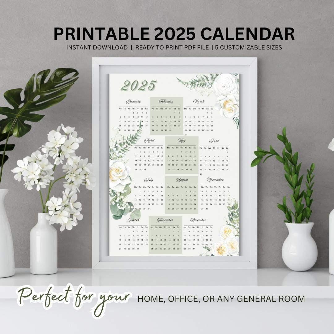 PRINTABLE 2025 CALENDAR : White Beige Flower Sage Green Soft Green ...