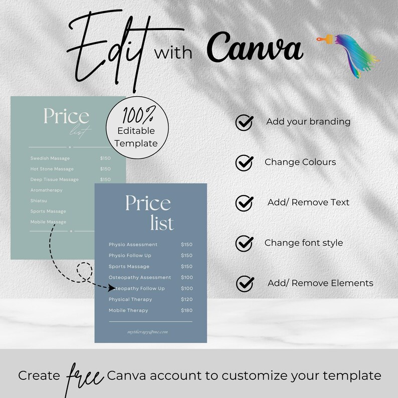 Price List Template Massage Therapy Price List Instant Download Price Flyer Prices Display Card ...