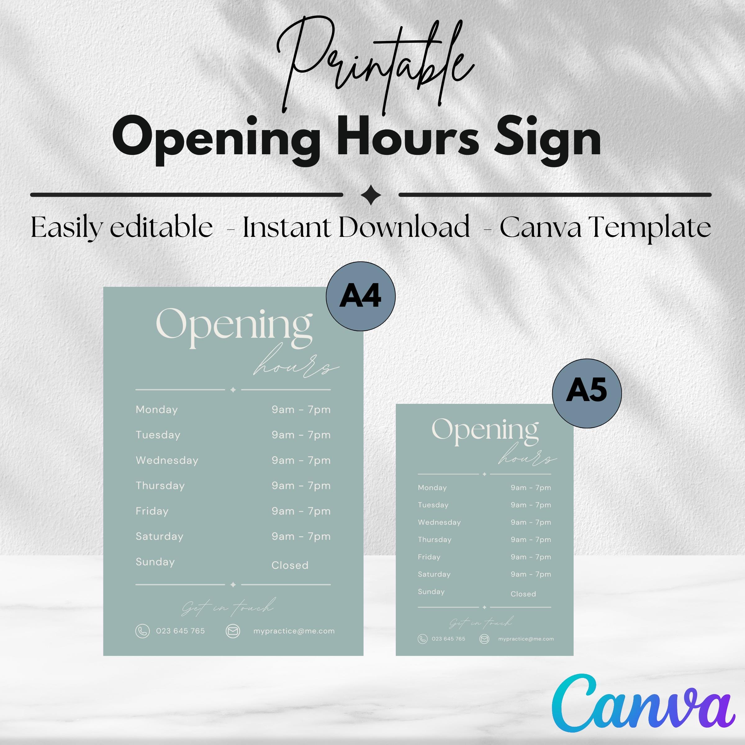 Editable Opening Hours Sign Template: A4/A5 Printable (canva) - Etsy